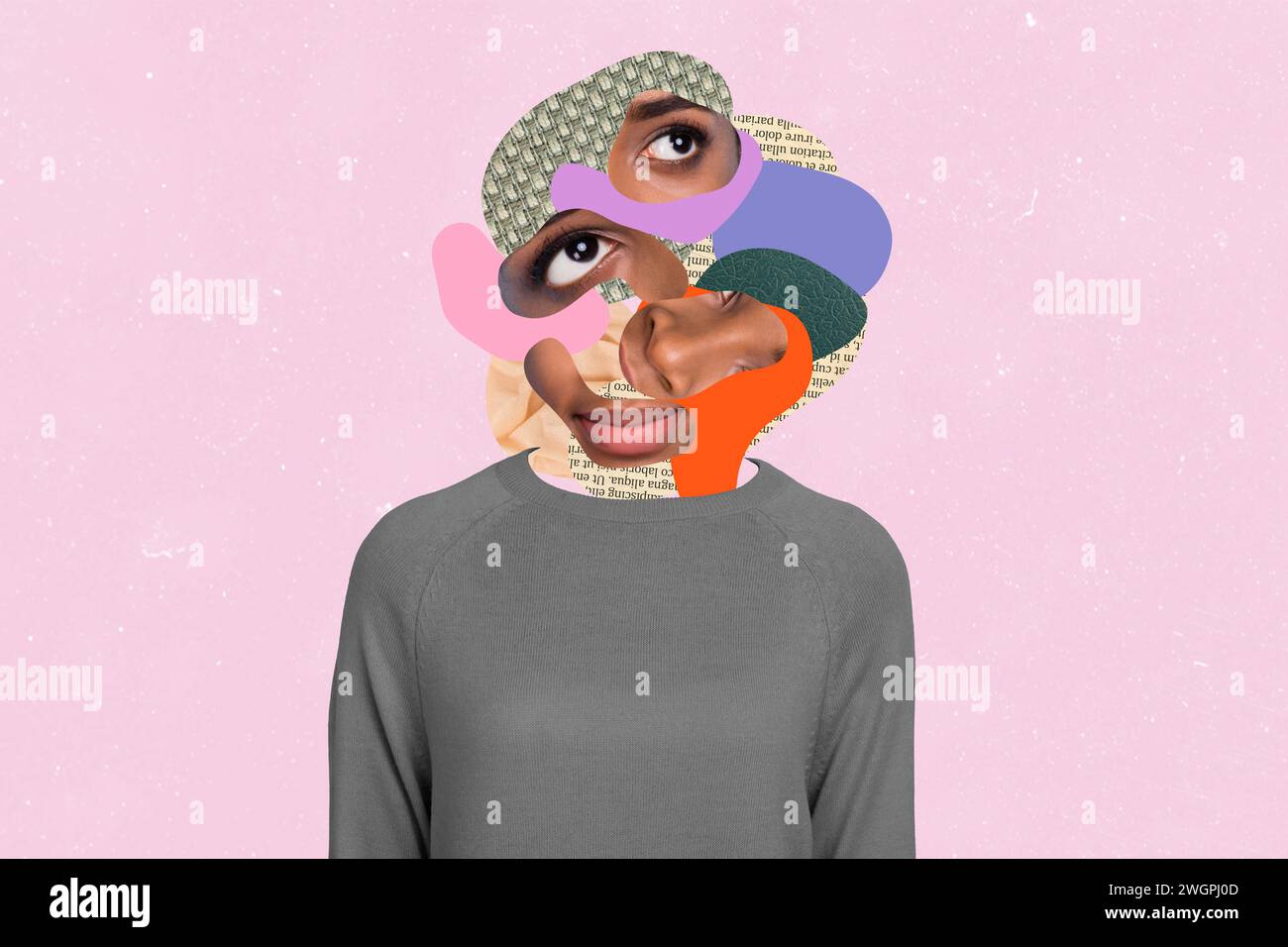 Strange creative collage banner of person with mosaic face thinking ...