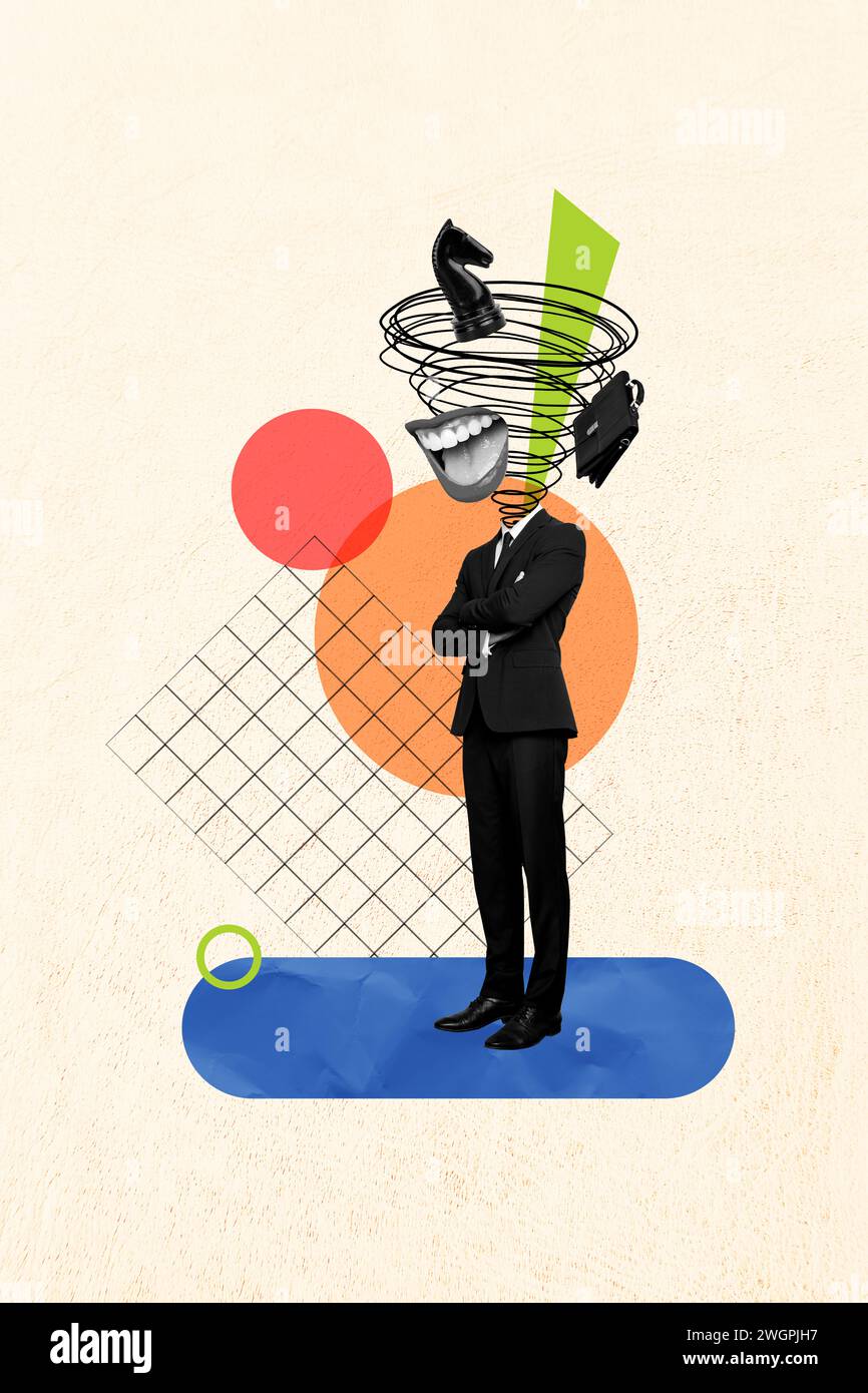 Collage picture of stressed depressed man weird faceless freak office ...