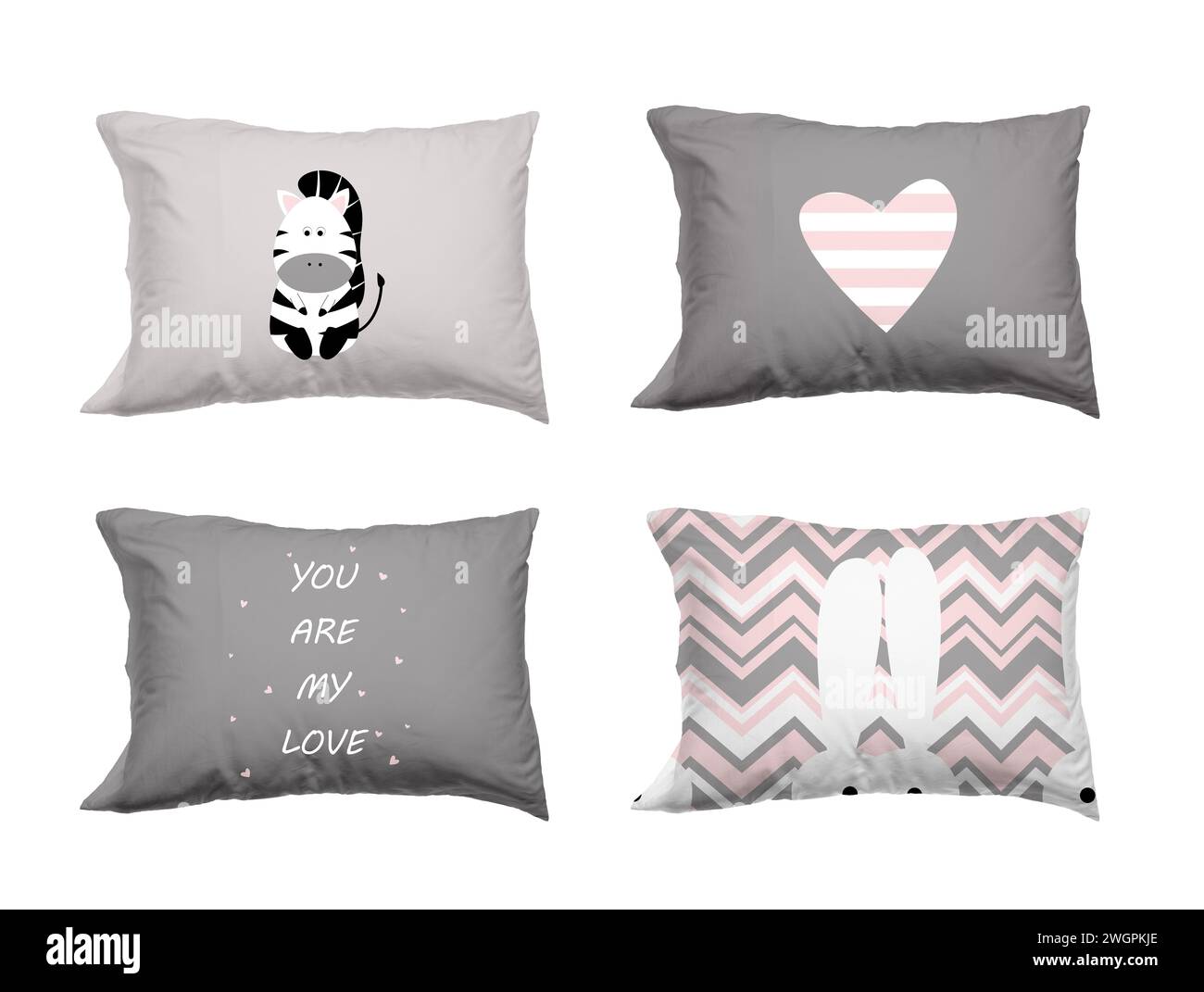 Soft pillows with cute prints isolated on white, set Stock Photo - Alamy