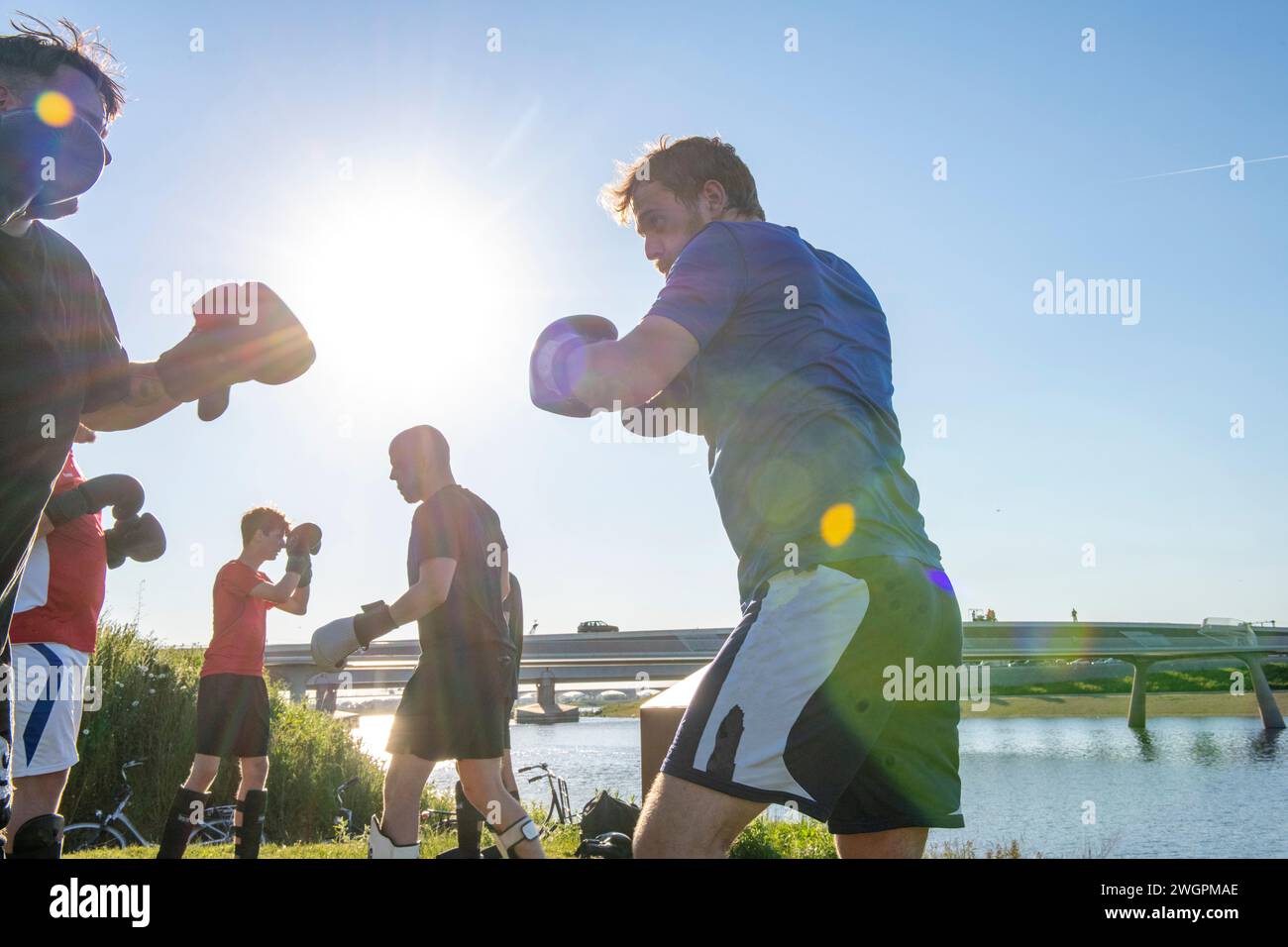 Young men keeping fit by kickboxing. Group of guys healthy and fit ...