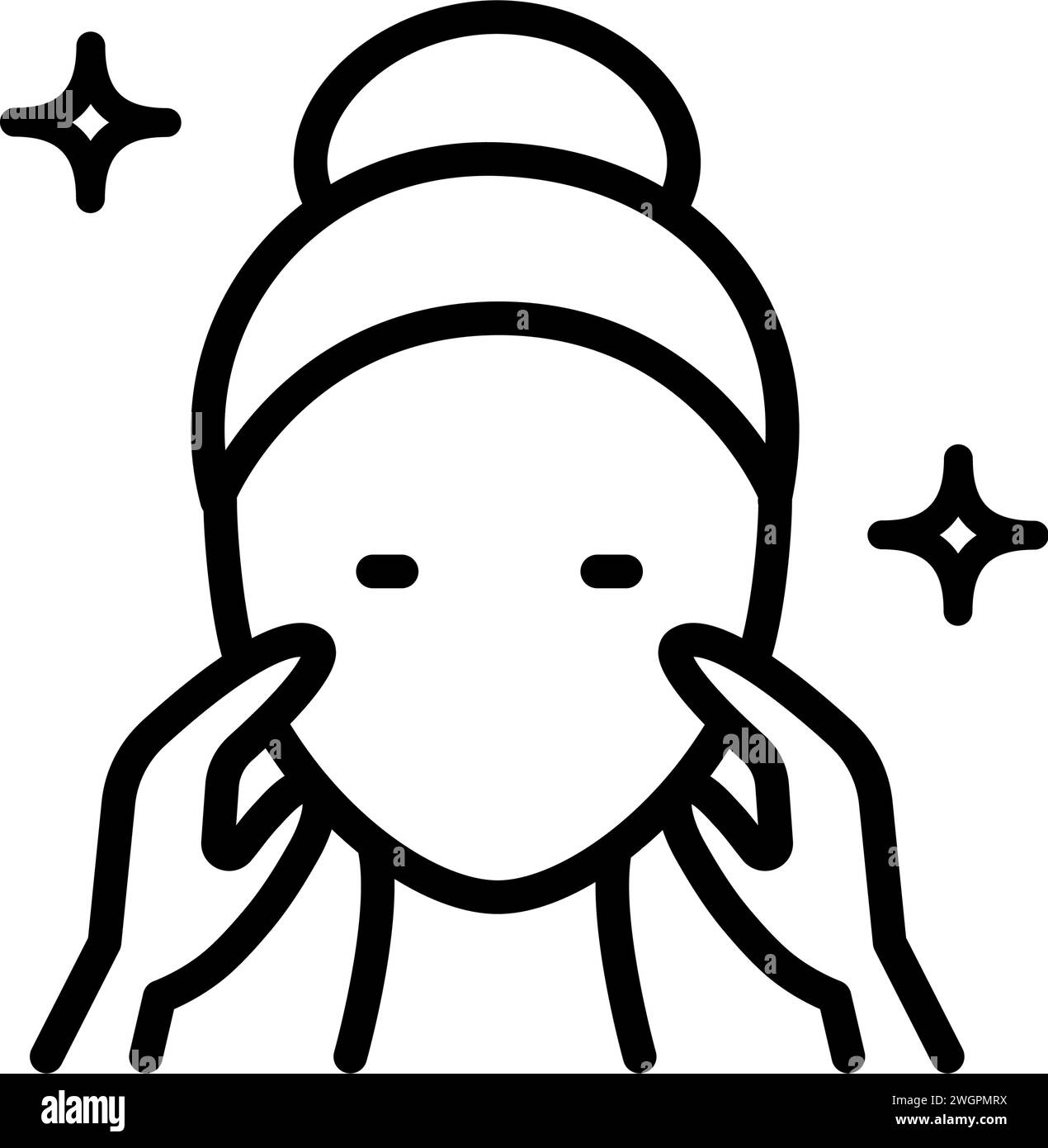 Aesthetic cosmetology line icon. Girl head and hands on cheeks sign ...