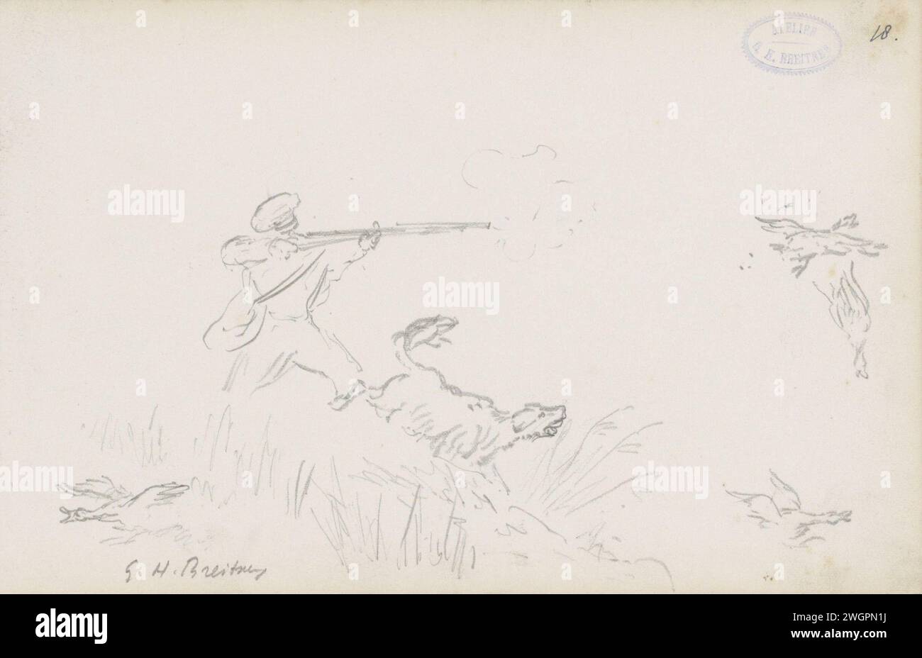 Duck hunter with dog, 1874 - 1876 drawing The ducks flee. One duck has ...
