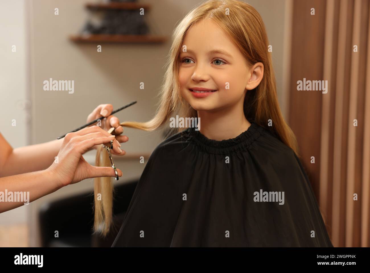 Professional hairdresser cutting girl's hair in beauty salon Stock ...