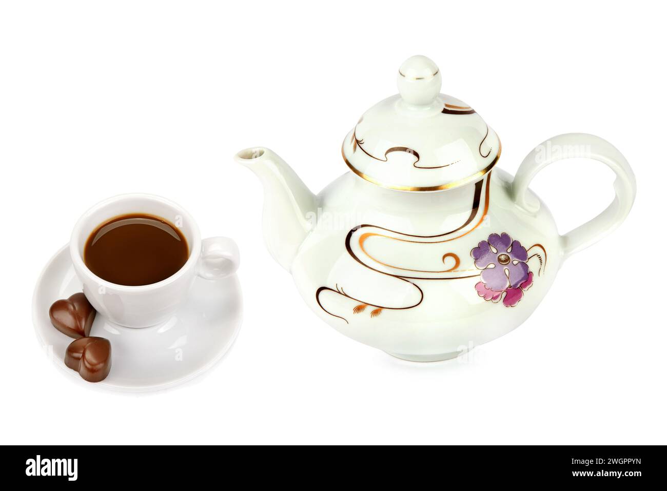 Cup with mocha coffee and vintage coffee pot isolated on white ...