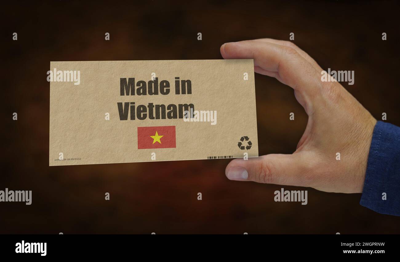 Made in Vietnam box in hand. Manufacturing and delivery. Product ...