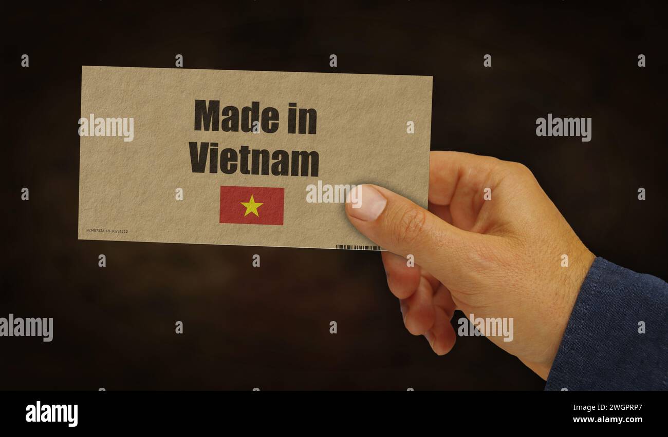 Made in Vietnam box in hand. Manufacturing and delivery. Product ...