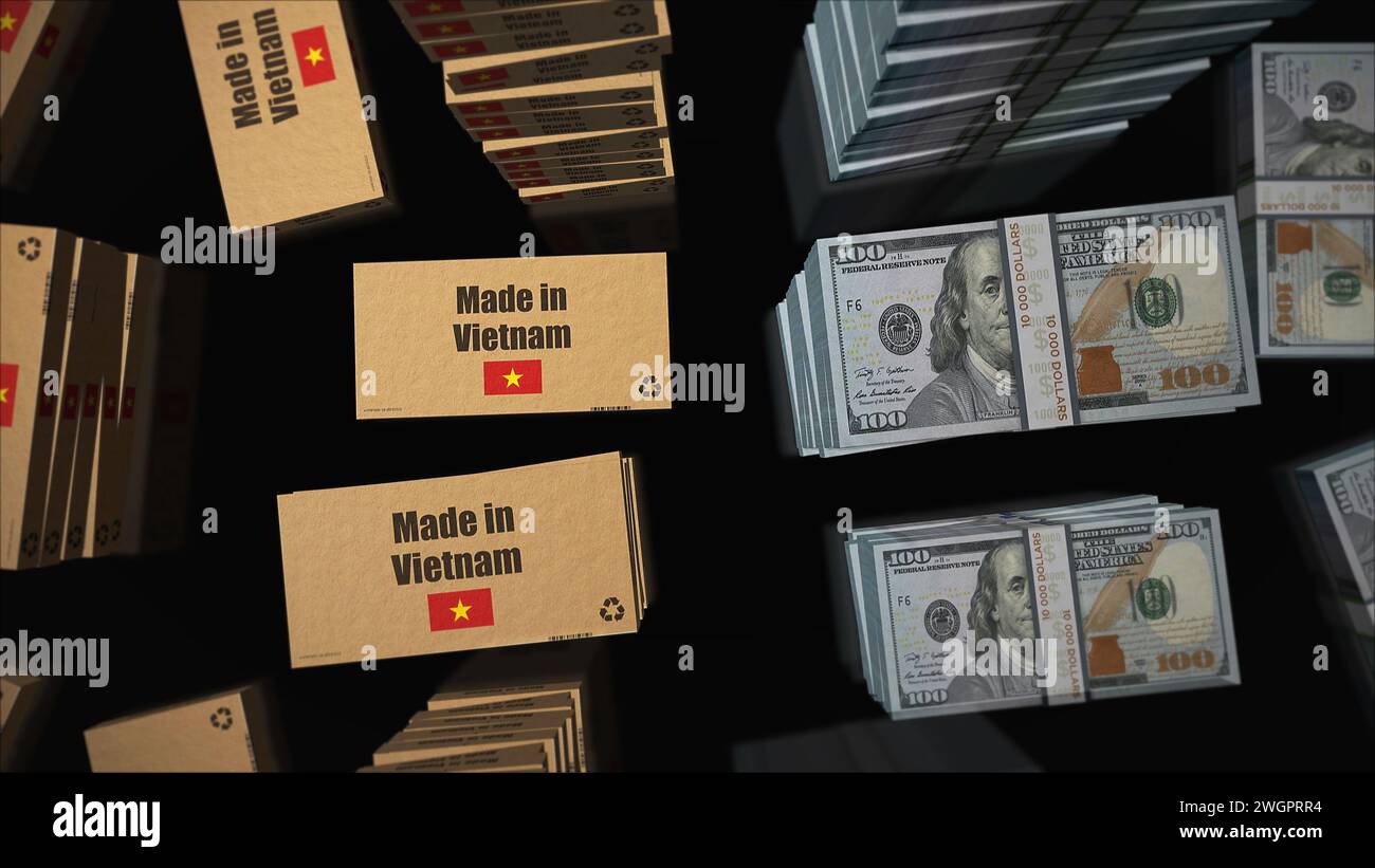 Made in Vietnam box line vs USA Dollar money bundle stacks. Export ...