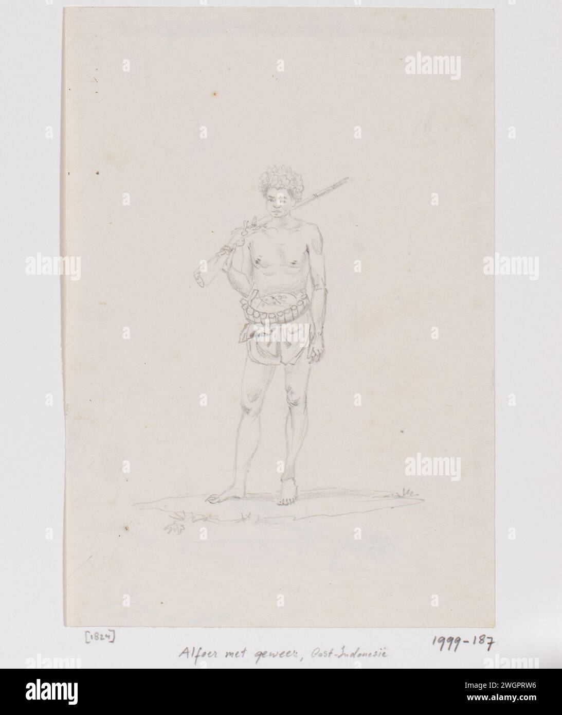 Figure study of Alfoer with rifle, Southeast Moluccas, Adrianus Johannes Bik, 1824 drawing South ...