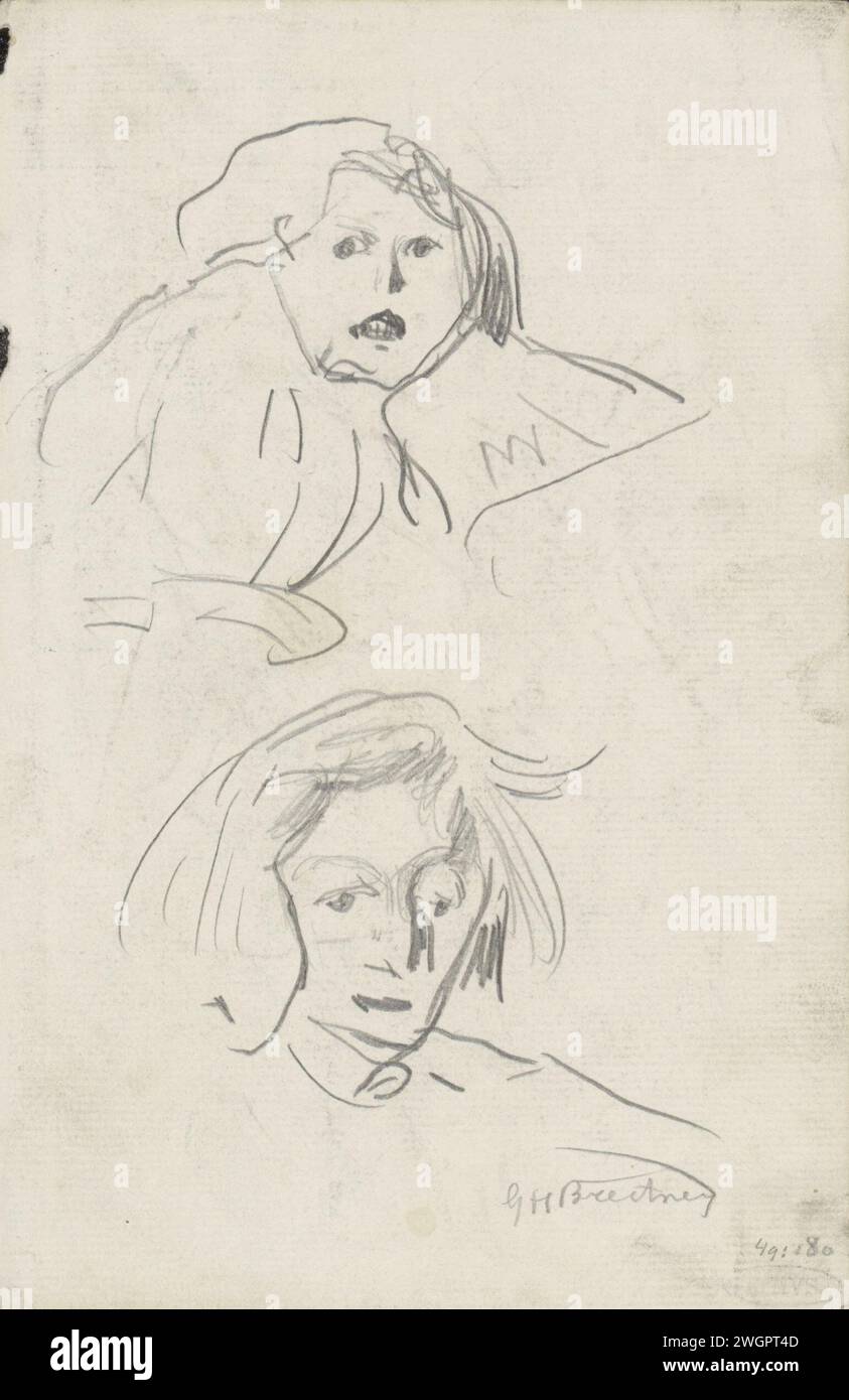 Two women's busts, c. 1912 drawing Amsterdam paper. pencil adult woman ...