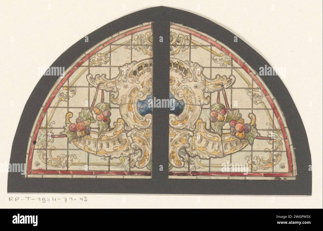 Design for a stained glass window with cartouche with flower bunches ...