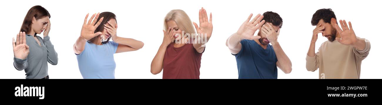 Embarrassed people covering faces on white background, set with photos ...