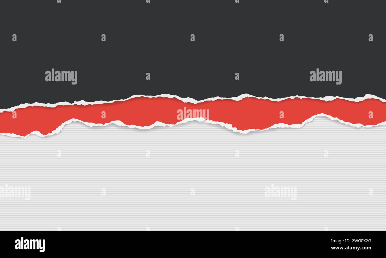 Torn, ripped black and red paper strips with soft shadow are on lined ...