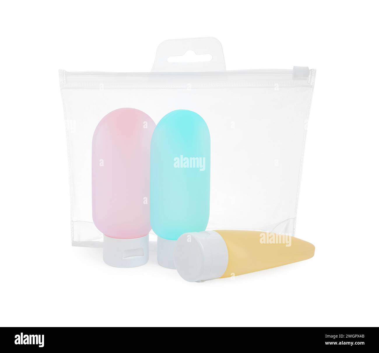 Cosmetic travel kit isolated on white. Bath accessories Stock Photo - Alamy