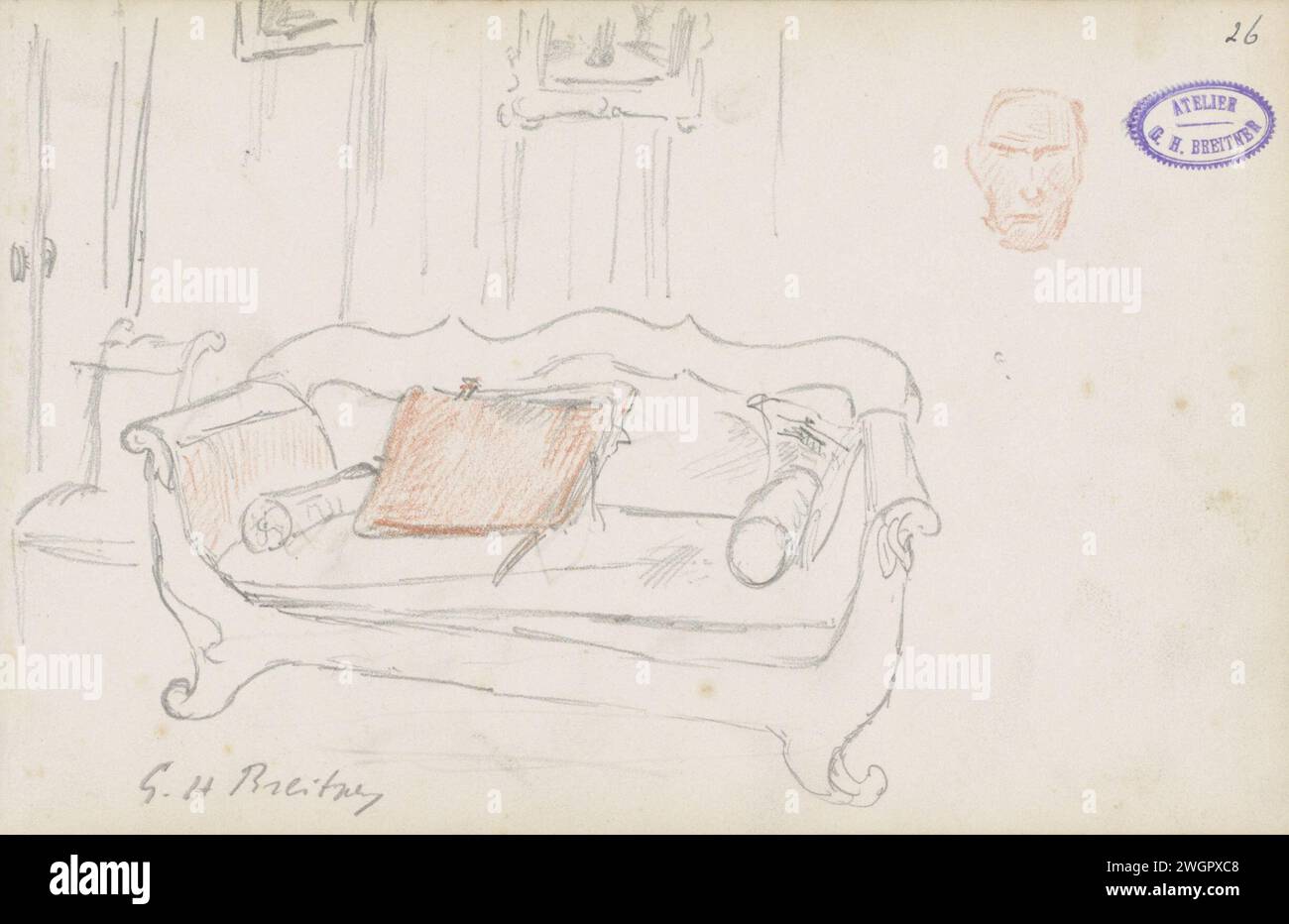 Canapé in an interior and a men's head, 1874 - 1876 drawing Rotterdam ...