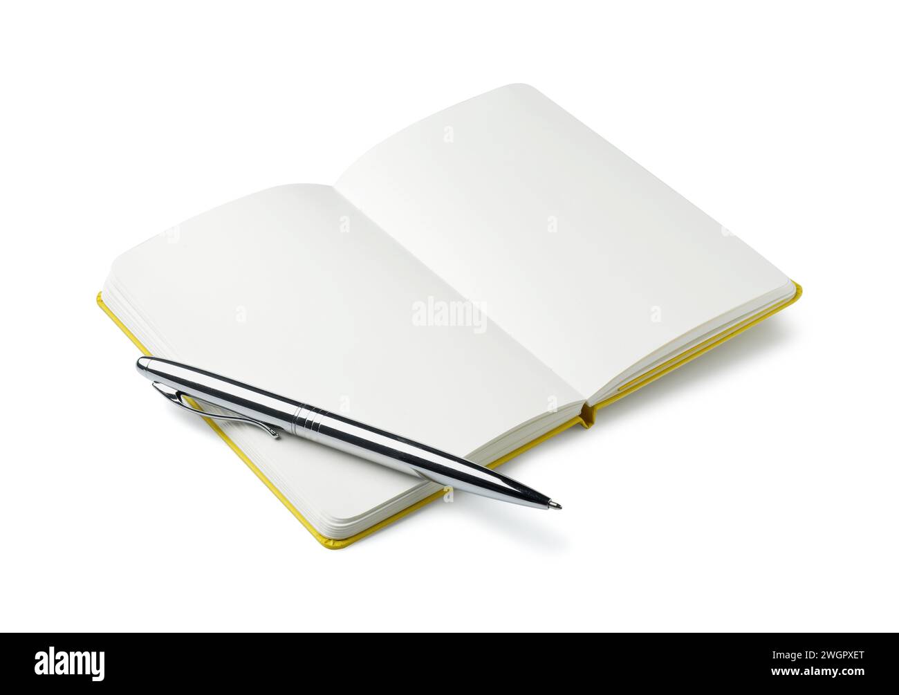Open notebook with blank pages and pen isolated on white Stock Photo ...