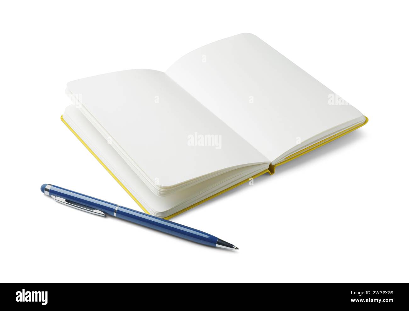 Open notebook with blank pages and pen isolated on white Stock Photo ...