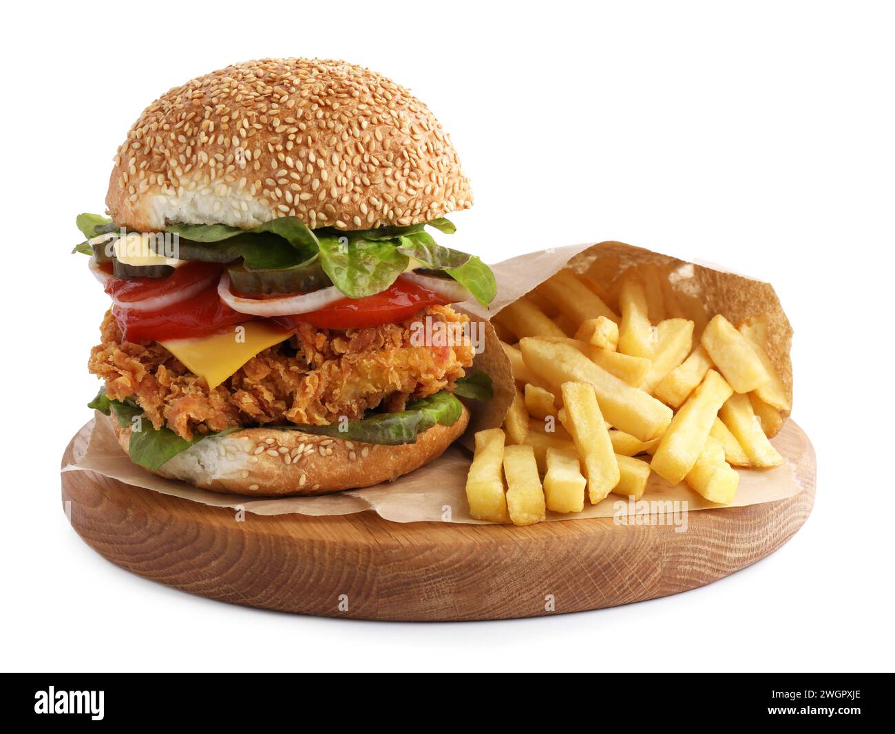 Delicious burger with crispy chicken patty and french fries isolated on ...