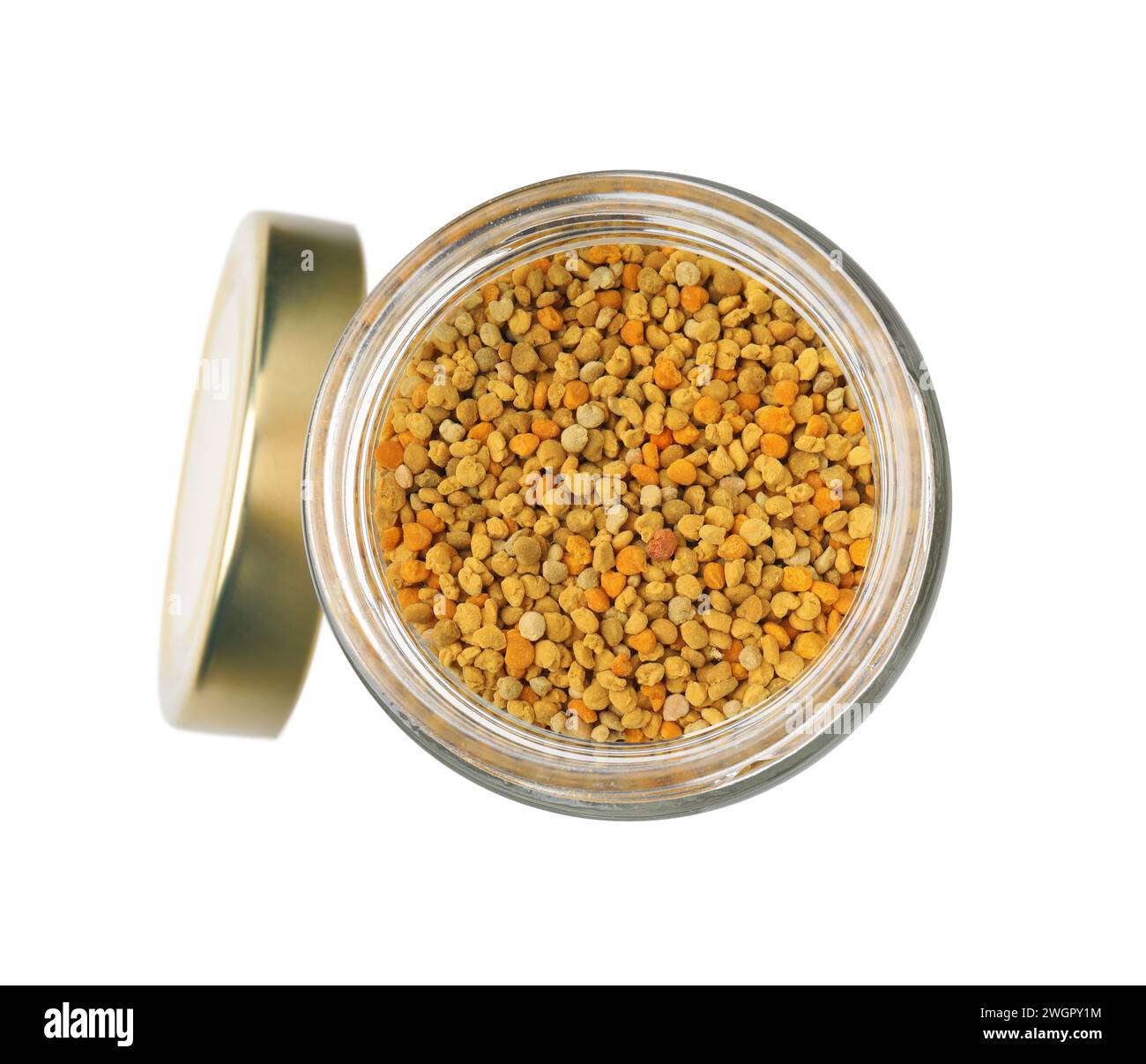 Fresh bee pollen granules in jar isolated on white, top view Stock ...