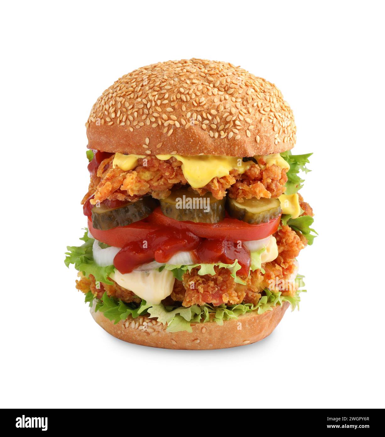 Delicious burger with crispy chicken patty isolated on white Stock ...