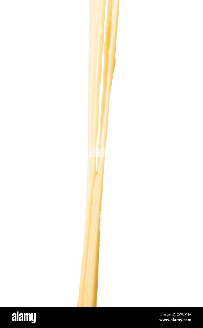 Stretching delicious melted cheese isolated on white Stock Photo - Alamy