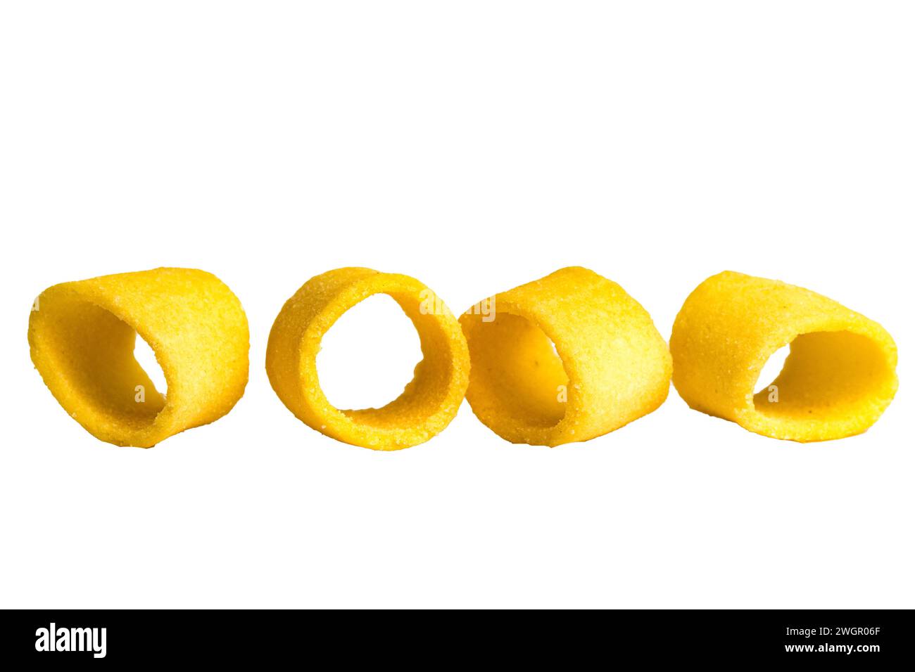Four Potato hoop shaped snacks isolated on a white background Stock ...