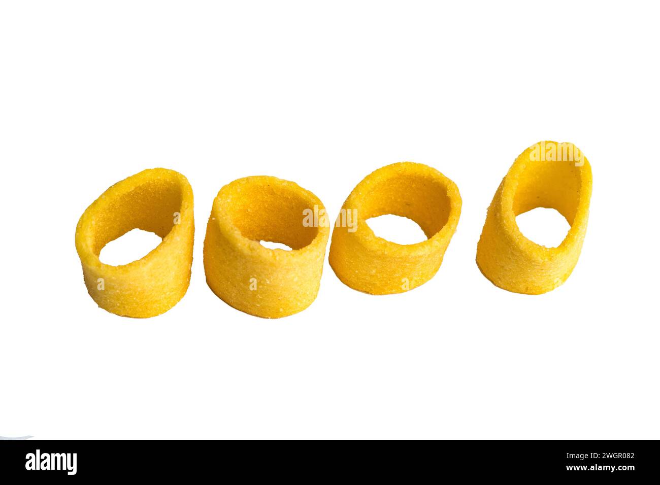 Four Potato hoop shaped snacks isolated on a white background Stock ...
