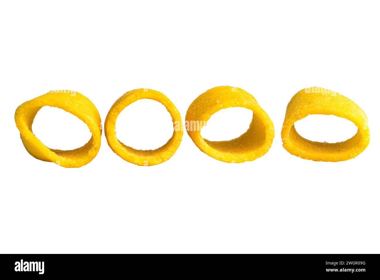 Four Potato hoop shaped snacks isolated on a white background Stock ...