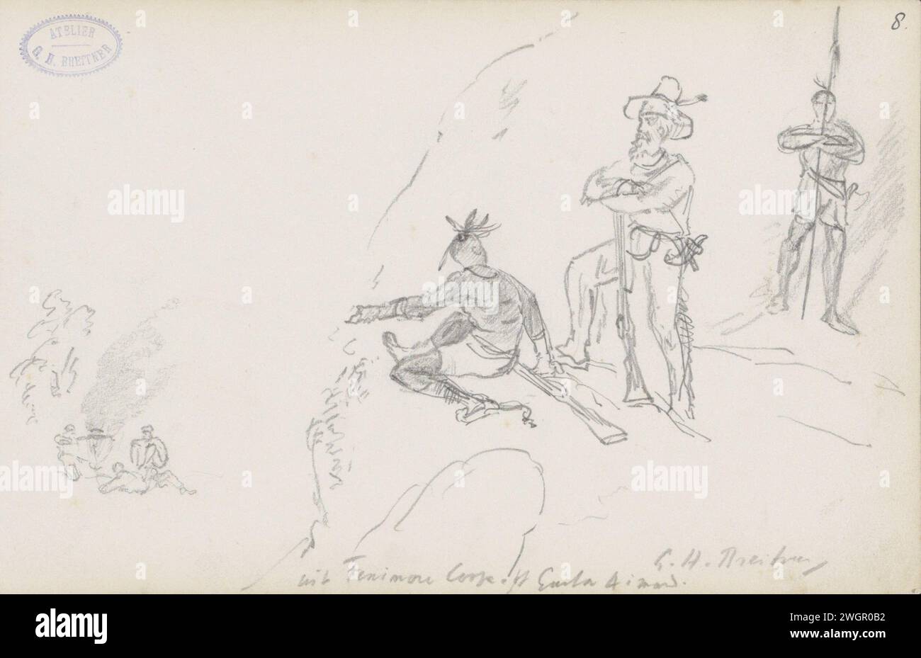 An original American points a white man to a group of figures, 1874 ...