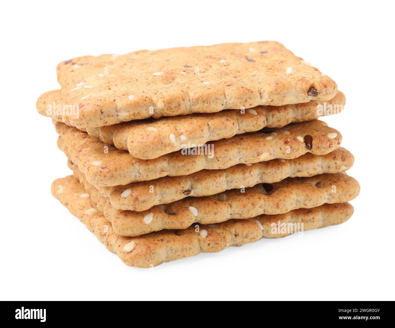 Stack of cereal crackers with flax and sesame seeds isolated on white ...