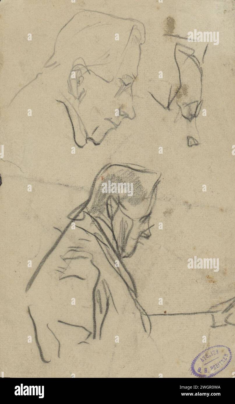 Three studies of a man, in profile, c. 1895 - c. 1898 drawing The Hague ...