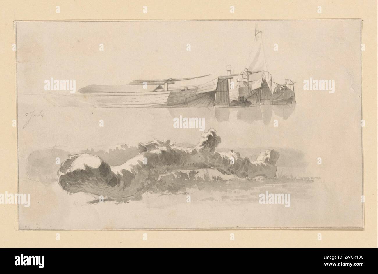 Tree trunk and a few barges, Hendrik Abraham Klinkhamer, 1820 - 1872 ...