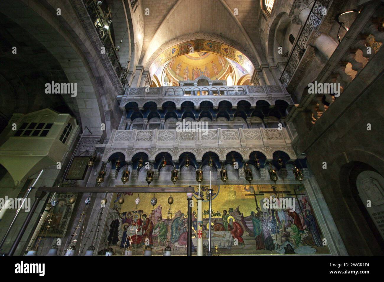 Mosaic of the anointing stone where the anointing of Jesus' body took ...