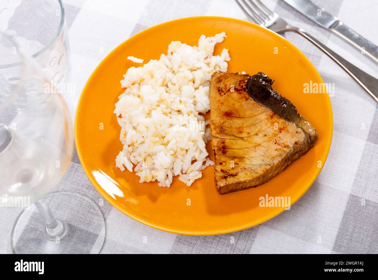 Baked tuna steak with unagi sauce served with white rice Stock Photo ...