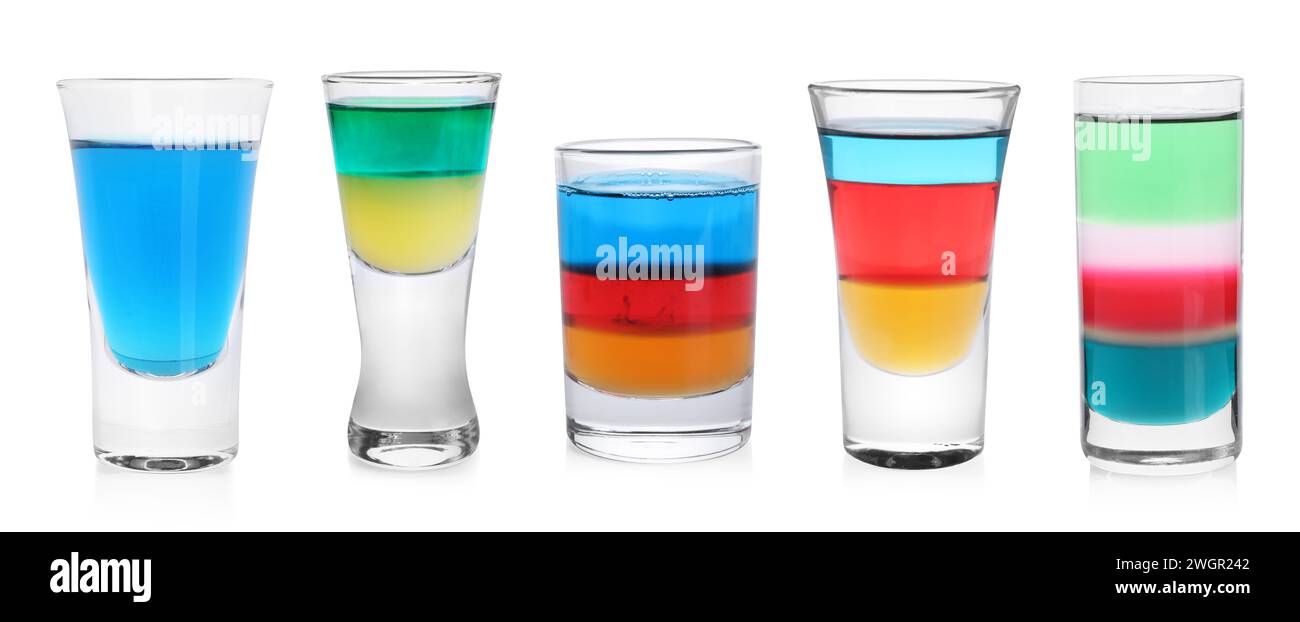 Different shooters in shot glasses isolated on white, set Stock Photo ...
