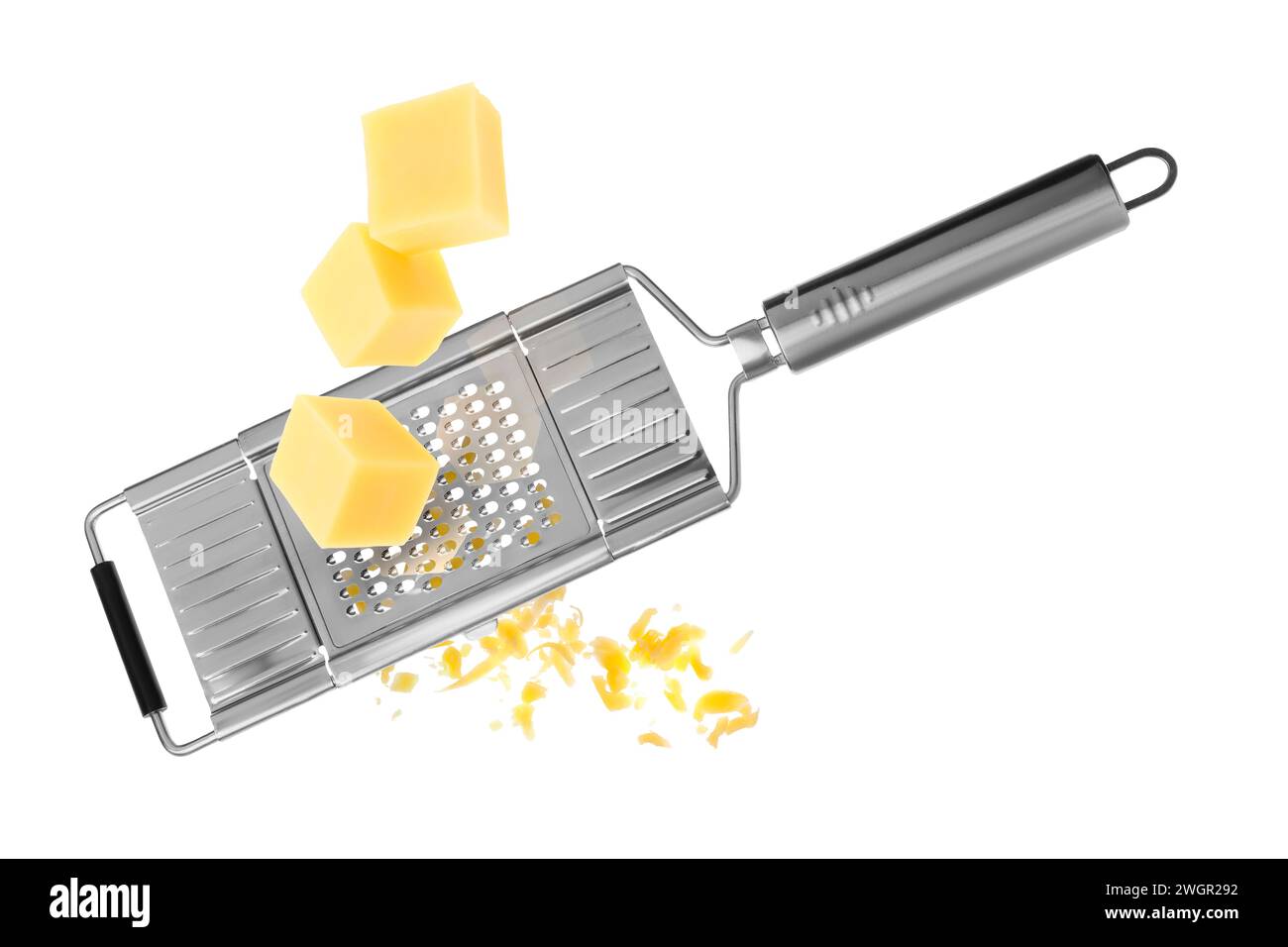 Grating cheese with hand grater in air on white background Stock Photo ...