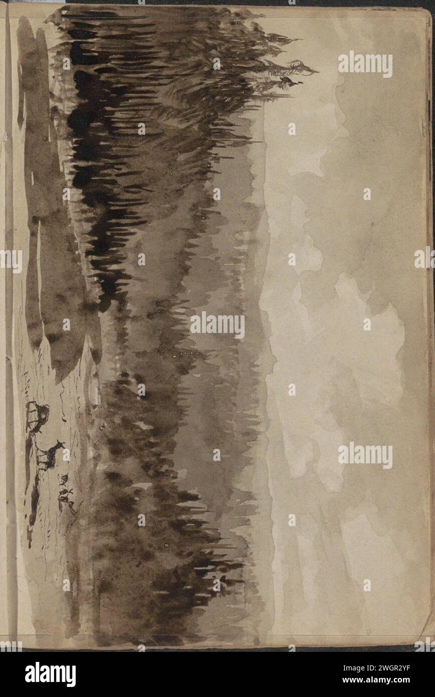 Mountain landscape with pine trees and deer, 1858 Leaf 37 Recto from a ...