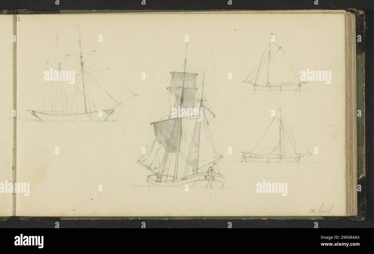 Study sheet with sailing ships, 1843 Page 13 Recto from a sketchbook ...
