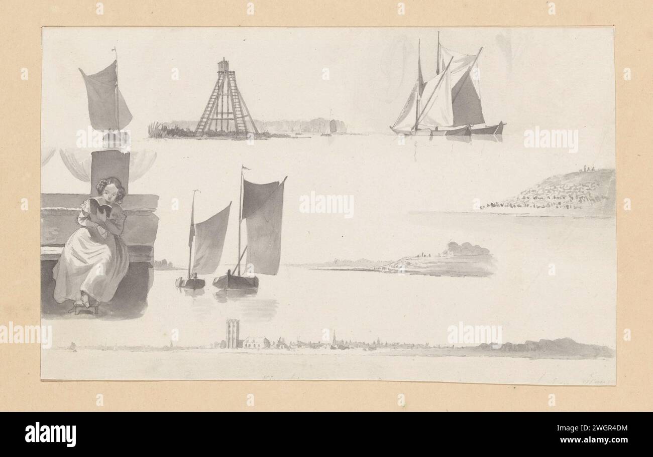 Sketch magazine with reading woman, sailing ships, lighthouse and faces ...