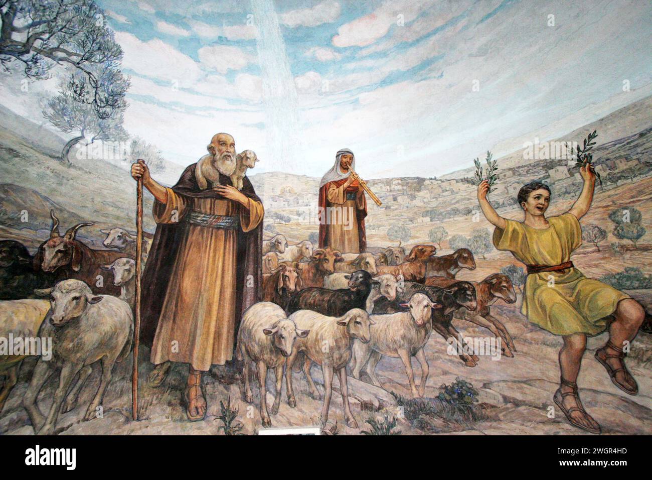 A mural in the Church of the Shepherds` Field near Bethlehem, depicting ...