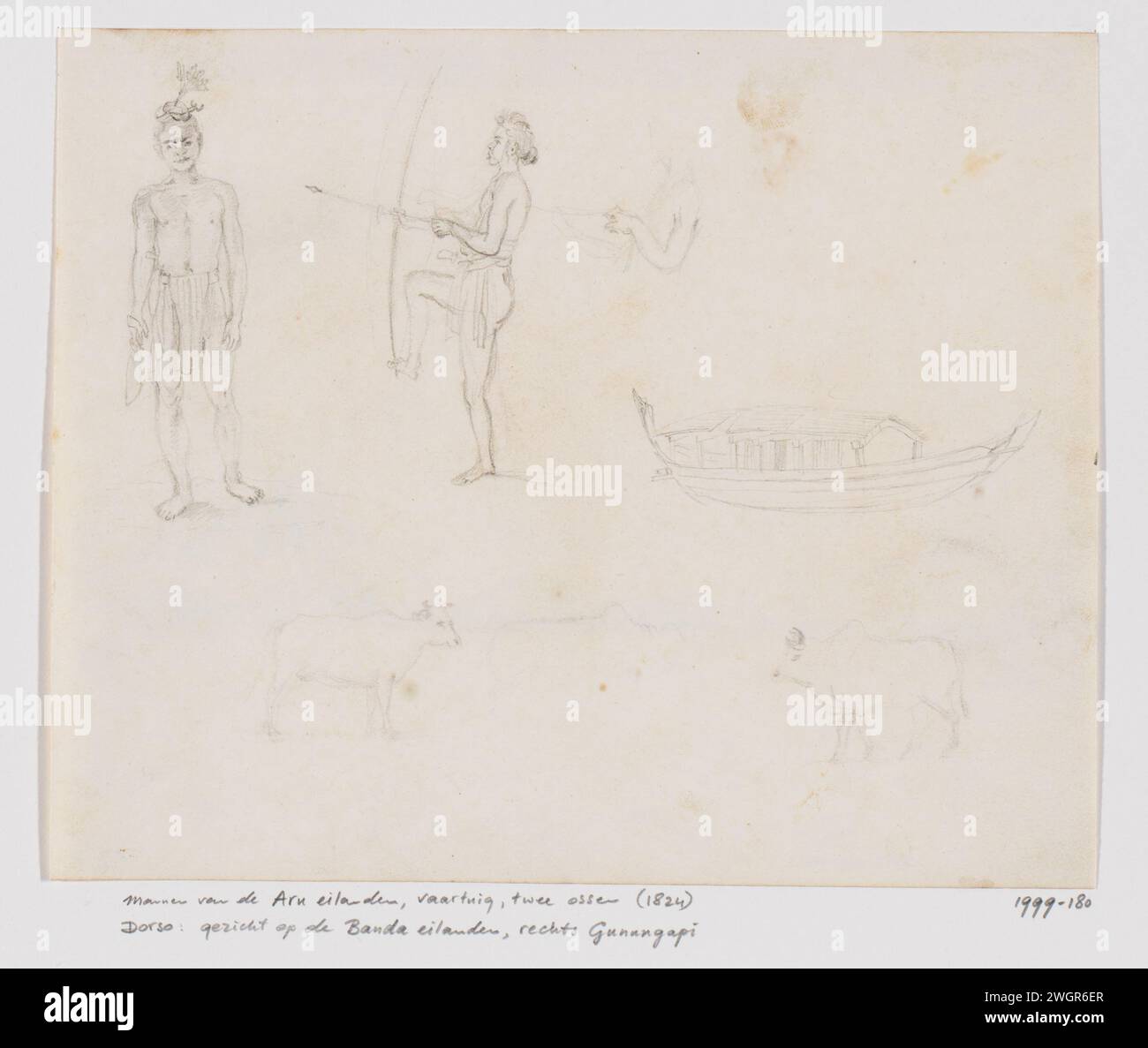 Sketches of two men, a vessel and two oxen, Southeast Moluccas, Adrianus Johannes Bik, 1824 ...