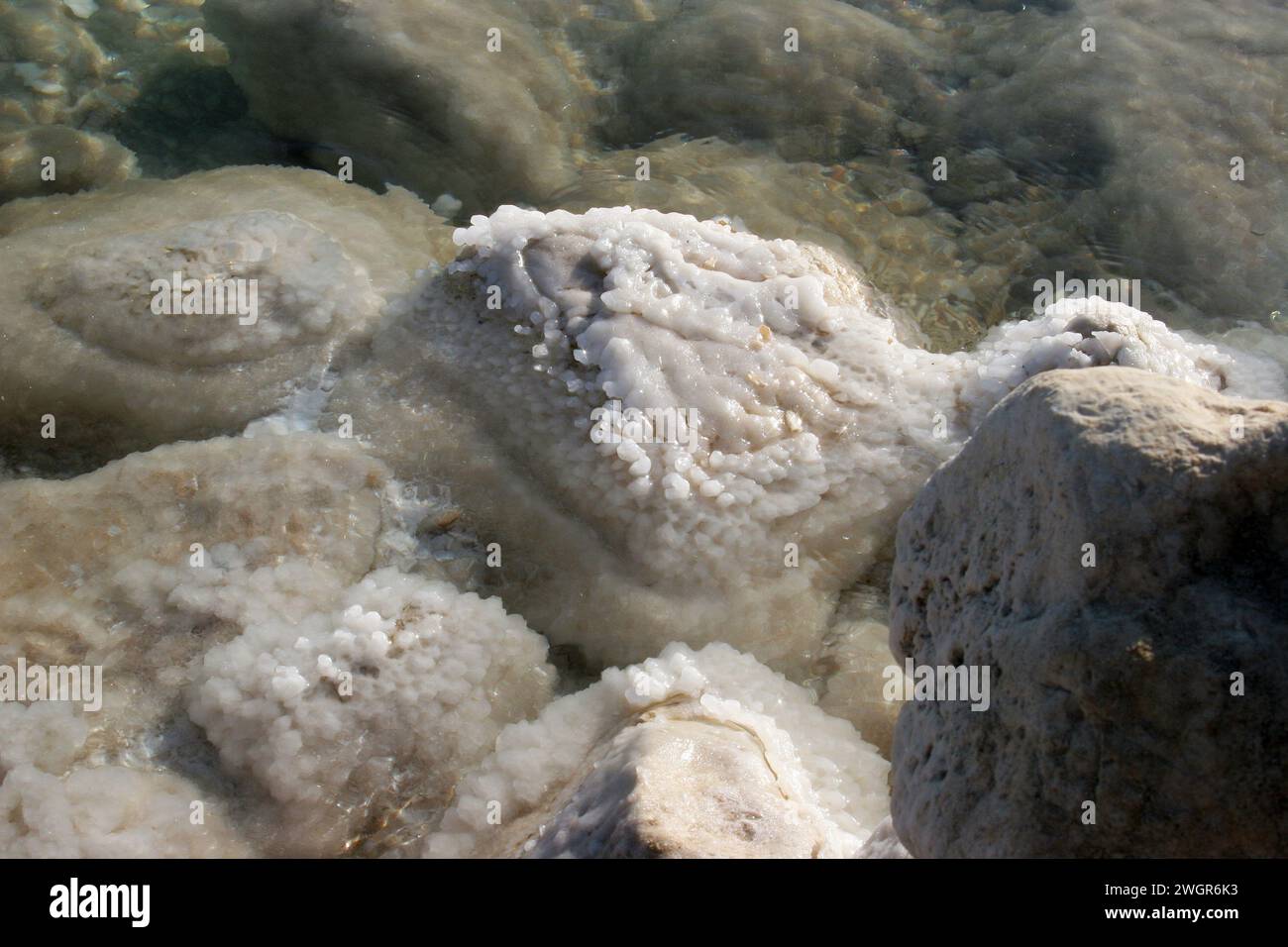 Crystallized salt rocks along the shores of the Dead Sea, Israel Stock ...