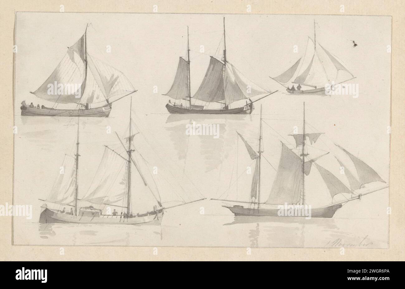 Sketch magazine with five sailing ships, Hendrik Abraham Klinkhamer ...