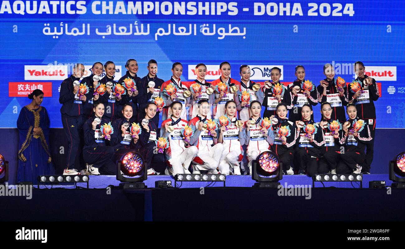 Doha, Qatar. 6th Feb, 2024. Gold medalists Team China (C), silver medalists Team Spain (L) and ...