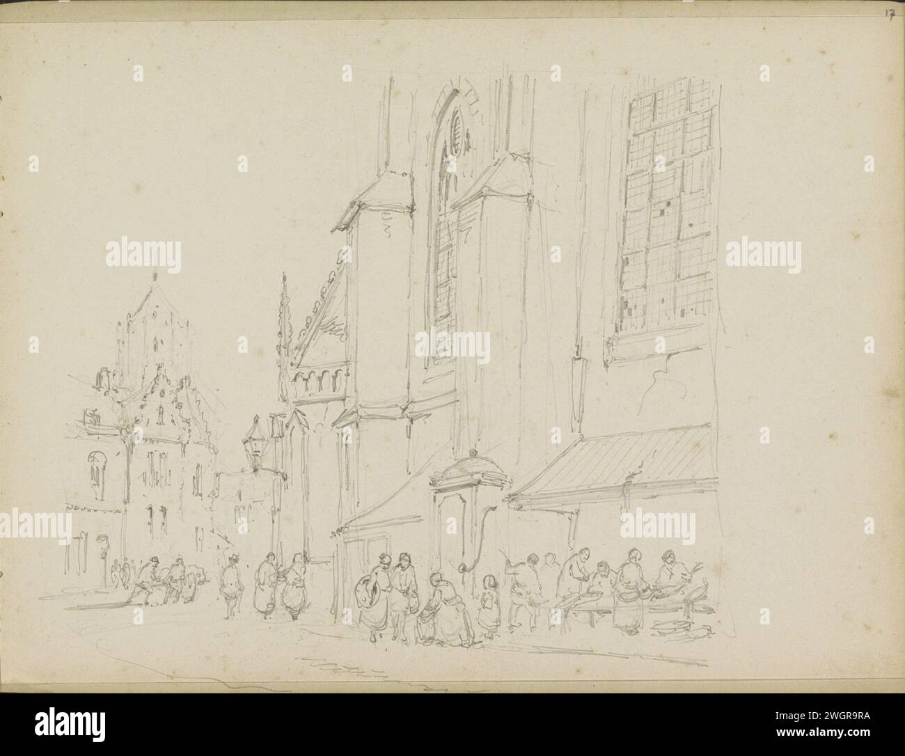 View of a church square with a market stall, Adrianus Eversen, c. 1828 ...