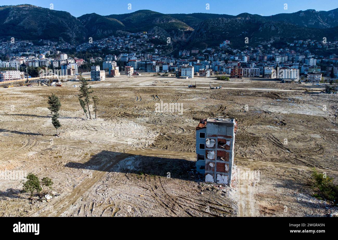 An aerial view shows the cleared rubble of buildings destroyed by the ...