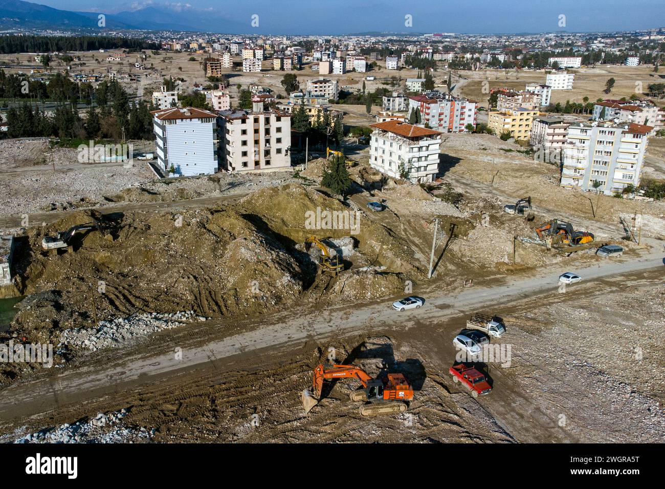 An aerial view shows the cleared rubble of buildings destroyed by the ...