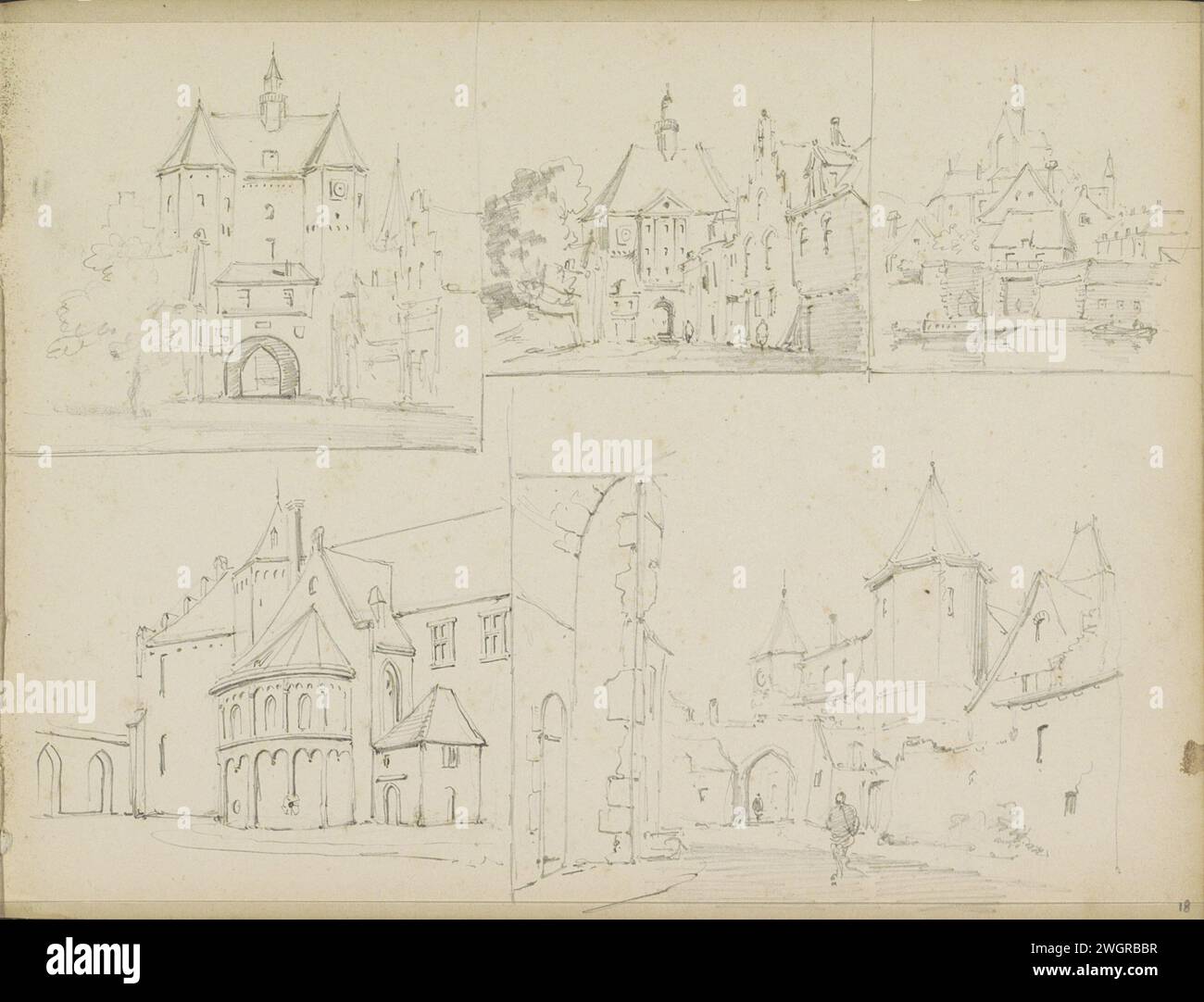 Study sheet with buildings and cityscapes, Adrianus Everssen, c. 1828 ...