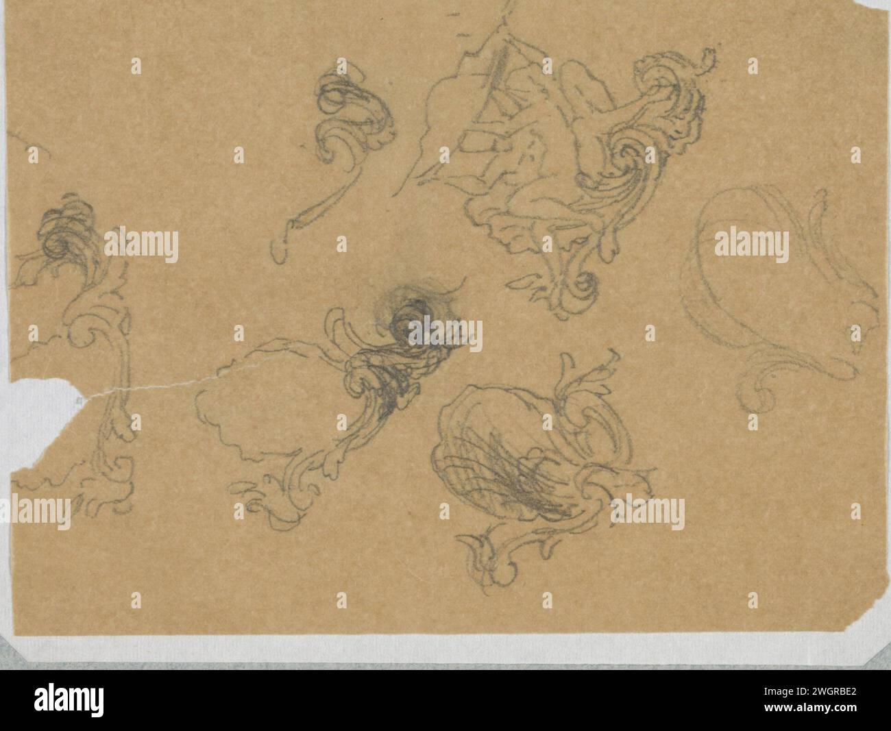 Design for barrel worn by two figures and five shell -shaped barrels, c ...
