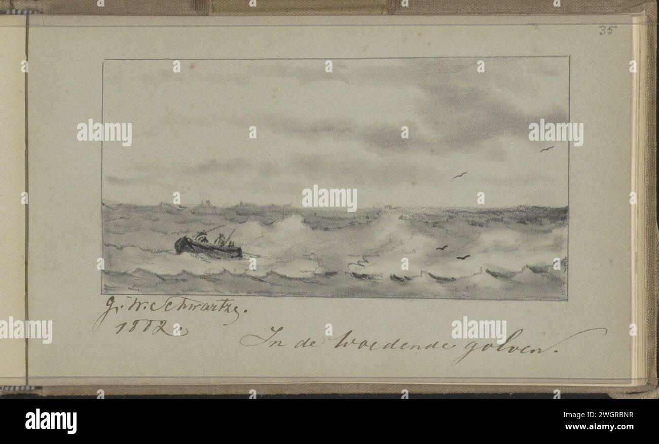 Rowing boat on a turbulent sea, 1882 Drawing in a frame. Leaf 35 Recto ...