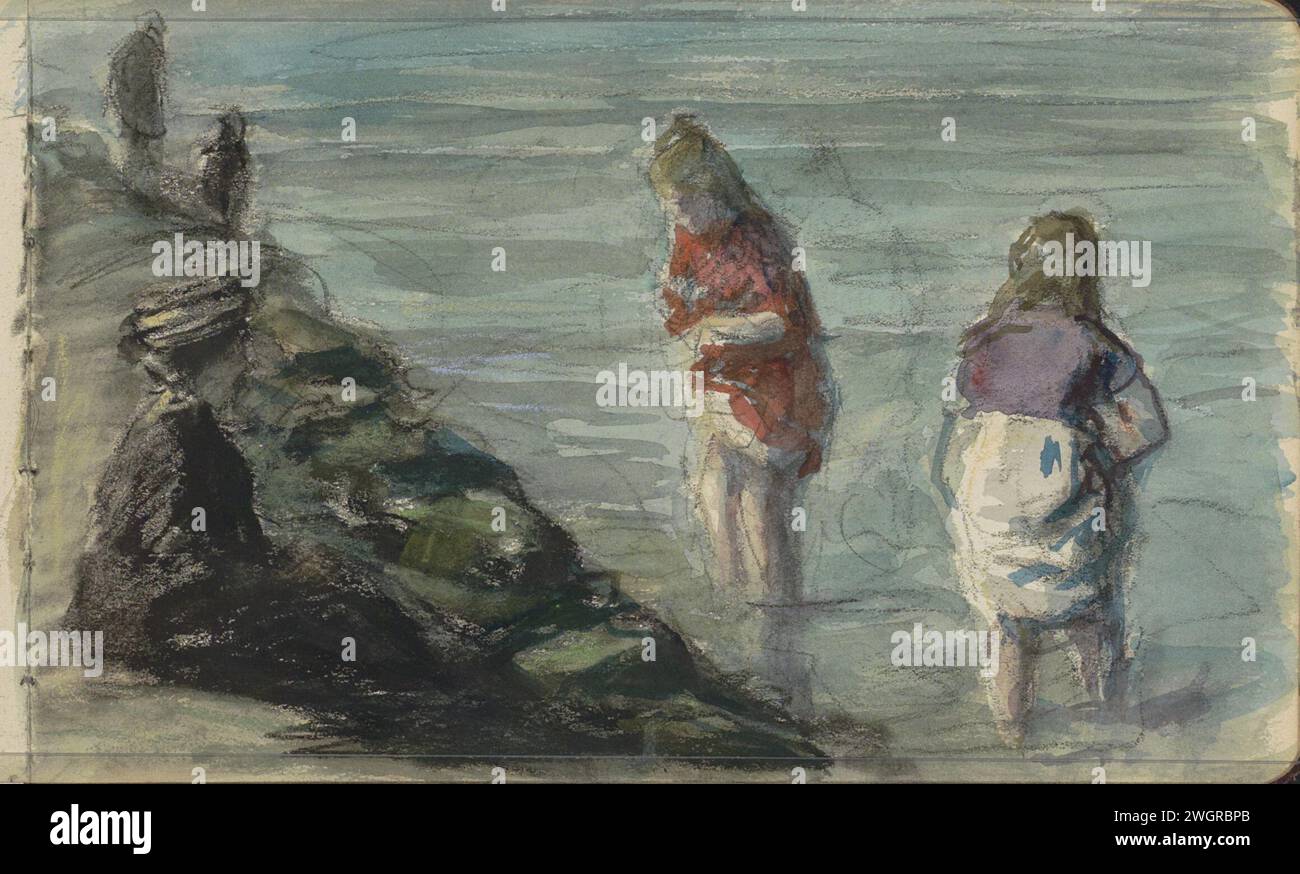 Woman with two children along the Waterkant, Johan Antonie de Jonge ...